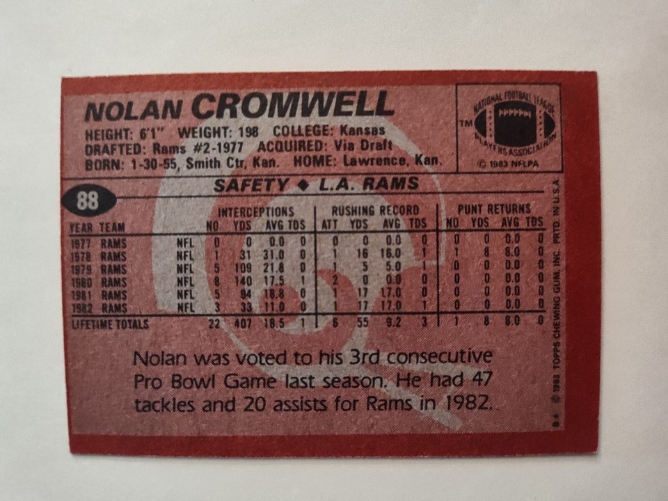 NOLAN CROMWELL Los Angeles RAMS 1983 TOPPS Football Card #88 | eBay
