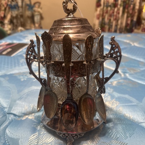 Antique Victorian Silverplate Condiment Holder Set with 10 spoons and ...