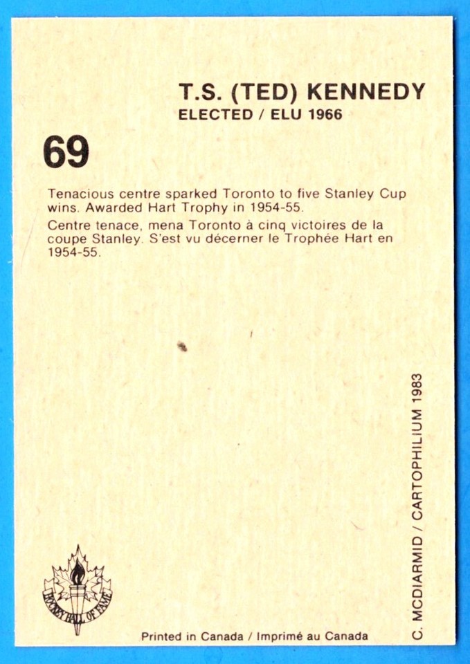 Ted Kennedy 1985 Cartophilium Hockey Hall of Fame #69 (ex-mt) Toronto ...