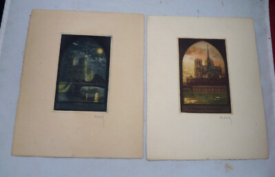 2 Alfred Hubert Hand Colored Etchings Notre-Dame Cathedral France prints | eBay