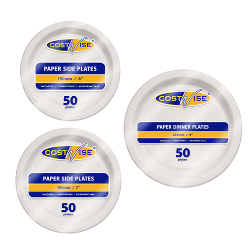 50 x Costwise Round Side Plates Uncoated Paper White 150mm 180mm 230mm ...