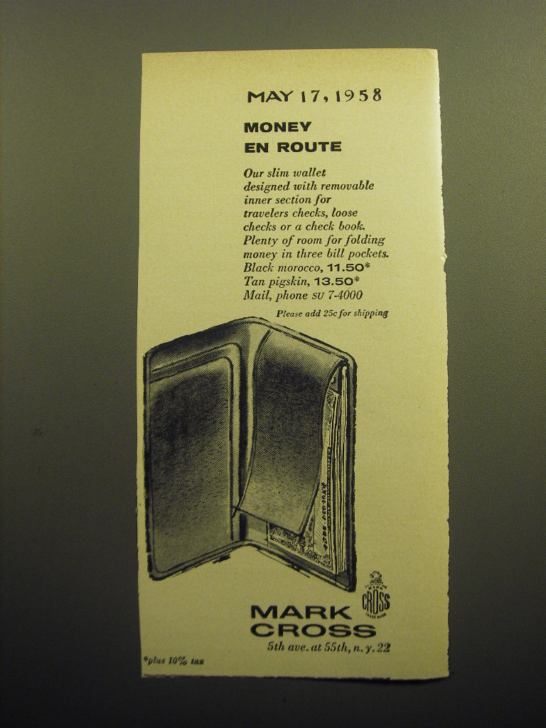 1958 Mark Cross Wallet Ad - Money en Route | eBay