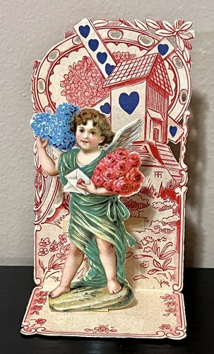 Vintage Valentine Stand Up Fold Out Card Cupid Windmill Roses & Violets ...