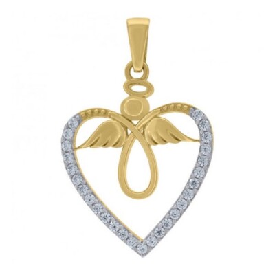 14k Gold Womens Cubic Zirconia Angel Wings Heart Charm Pendant Small ...