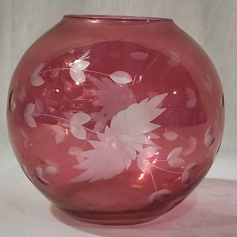 Vintage Pink Glass Fish Bowl Vase With Etched Floral & Leaf Design MCM ...