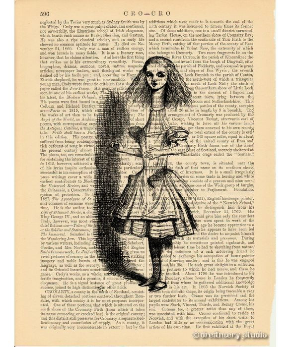 Alice in Wonderland Art Print on Vintage Book Page Story Book Long Neck ...