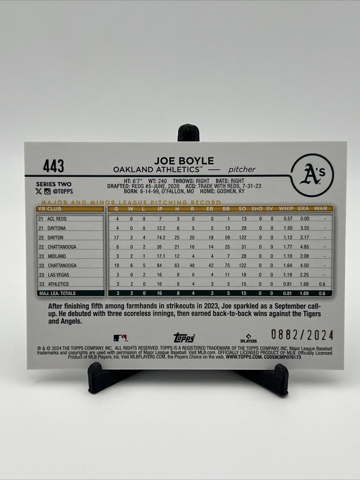 2024 Topps Series 2 Joe Boyle SP Gold Border Rookie RC # /2024 Oakland ...