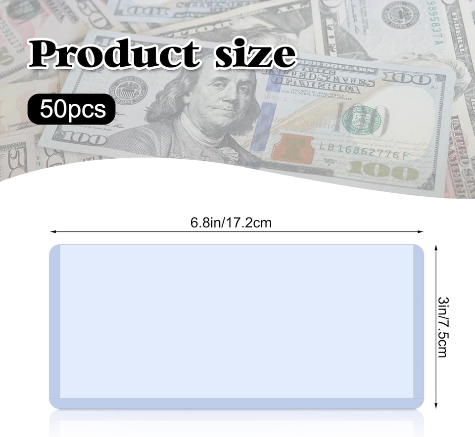 Rainmae 50 Pack Hard Plastic Clear Money Holder, 6.8" X 2.9" PVC ...