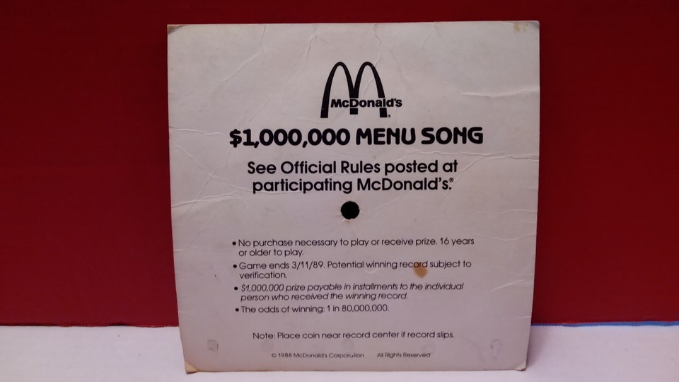 MCDONALDS YOU COULD WIN $1,000,000 INSTANTLY Promotional 33 1/3 record ...