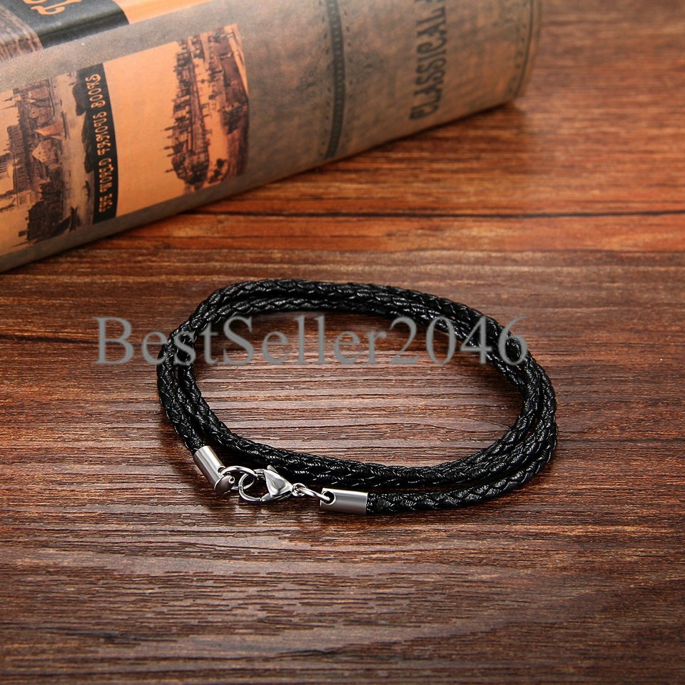 Twisted Braided Rope Black Leather Cord 22 Inch Chain Necklace w Silver ...