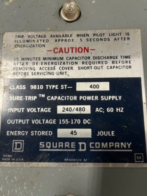 SQUARE D SURE-TRIP CAPACITOR POWER SUPPLY CLASS 9810 TYPE ST-400 | eBay