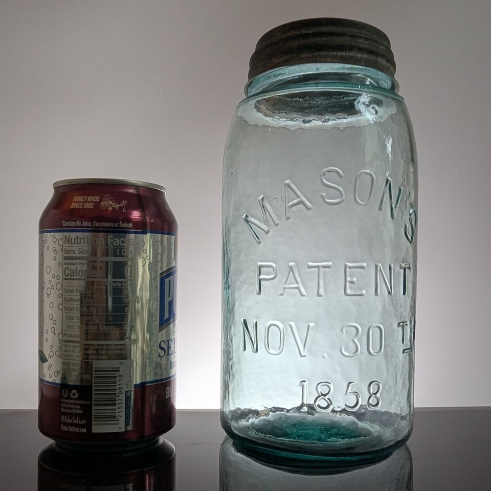 Antique Mason’s Patent Nov 30th 1858 Jar Pale Aqua Embossed Zinc Lid ...