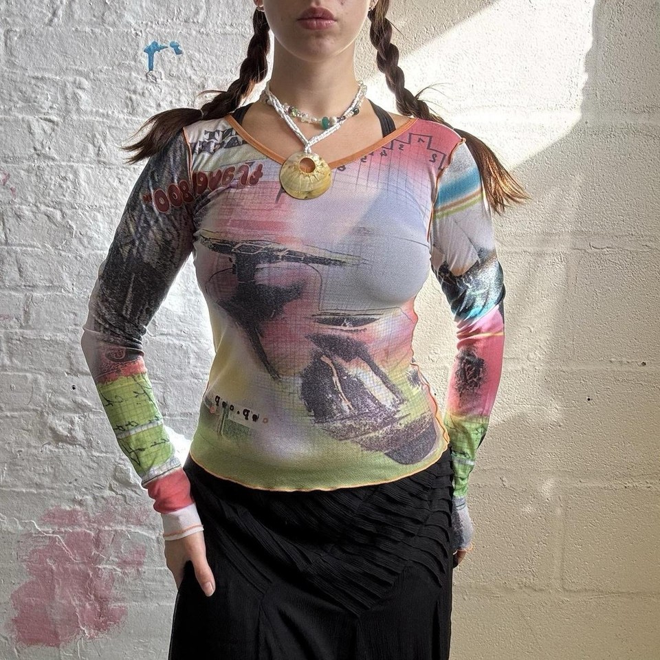 Y2k Cop Copine long sleeve mesh top multicolour graphic print | eBay UK