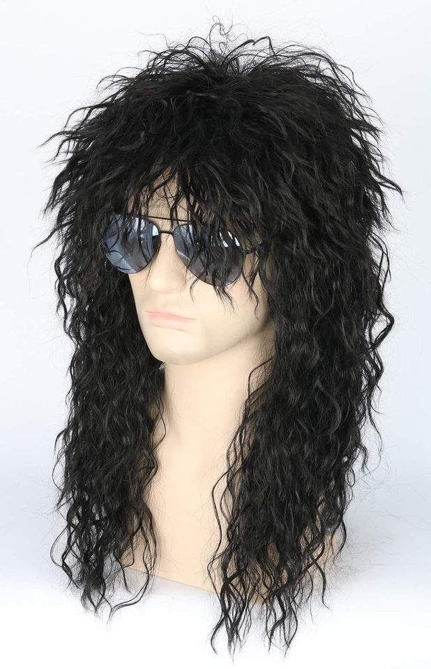 80s Black Mullet Wig Men Heavy Metal Rocker Punk Curly Synthetic Hair ...
