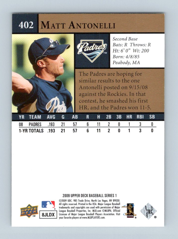 2009 Upper Deck #402 Matt Antonelli San Diego Padres Rookie | eBay