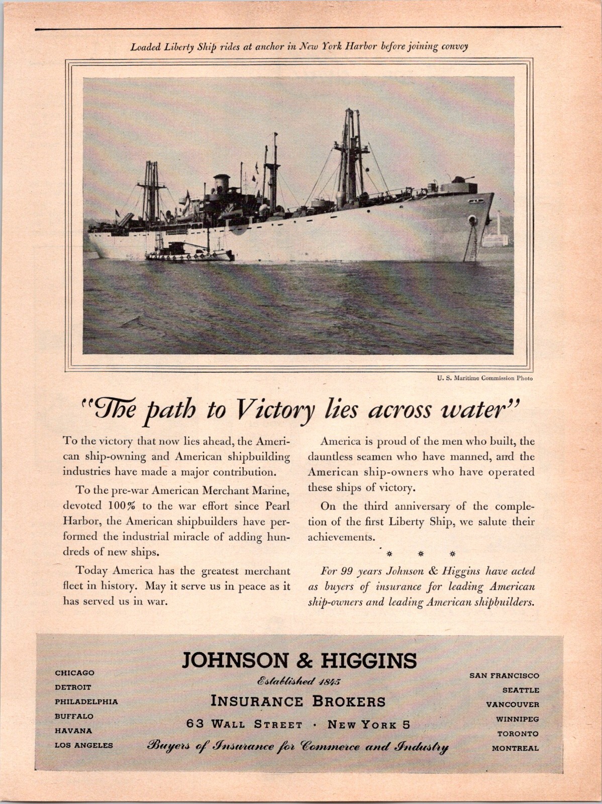 VINTAGE 1944 JOHNSON & HIGGINS INSURANCE NEW YORK HARBOR WWII ERA PRINT ...