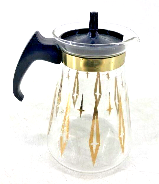 Vintage Pyrex Glass Carafe Pitcher Coffee Pot Tea Gold Atomic Diamond ...
