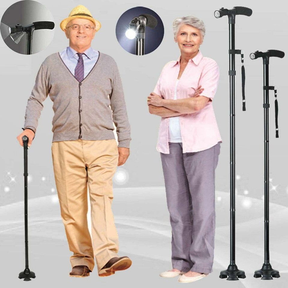 LED Walking Cane Safety Walking Stick All Terrain 4 Head Pivoting ...