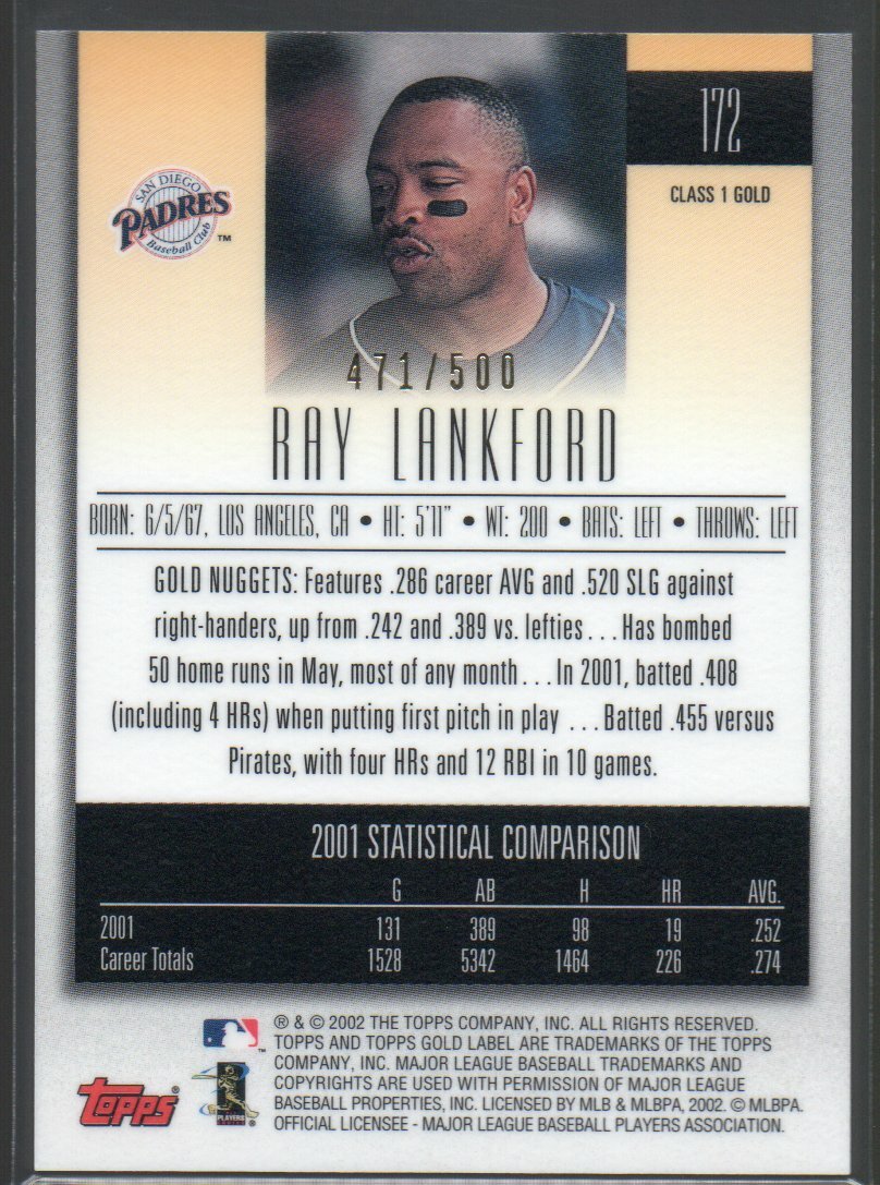 Ray Lankford 2002 Topps Gold Label Class 1 Gold #172 471/500 San Diego ...