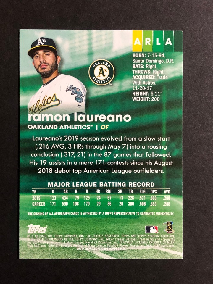 Ramon Laureano A's Signed 2020 Topps Stadium Club Baseball card #ARLA ...