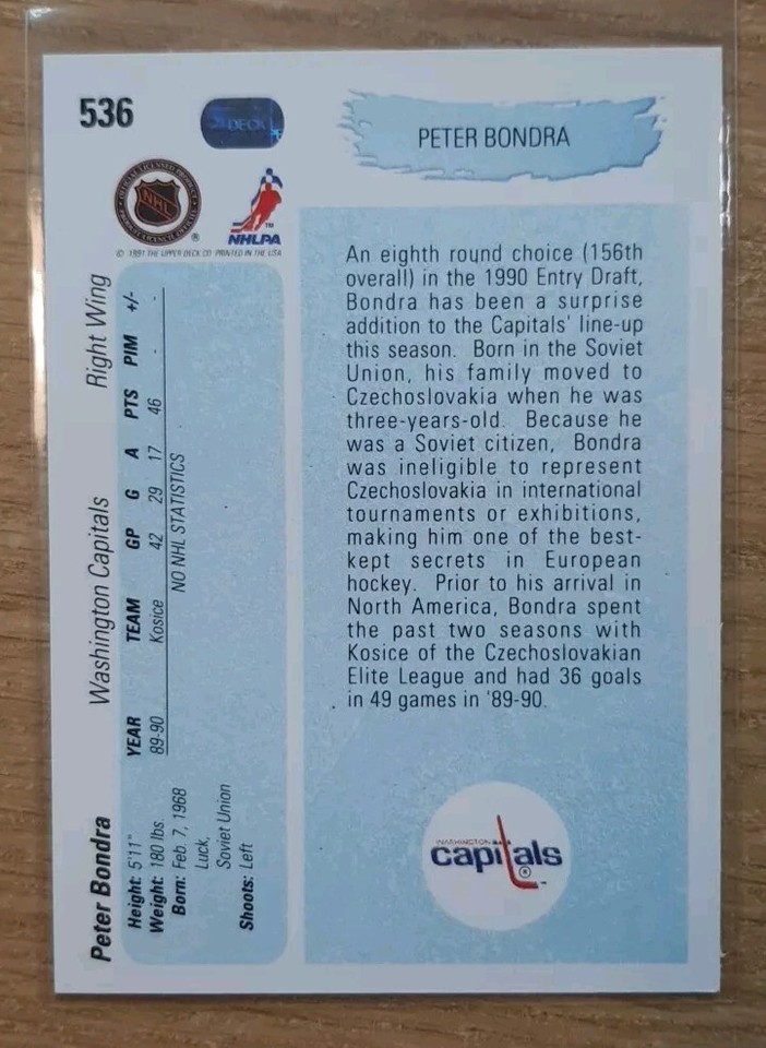 1990-91 UPPER DECK PETER BONDRA YOUNG GUNS #536 WASHINGTON CAPITALS | eBay