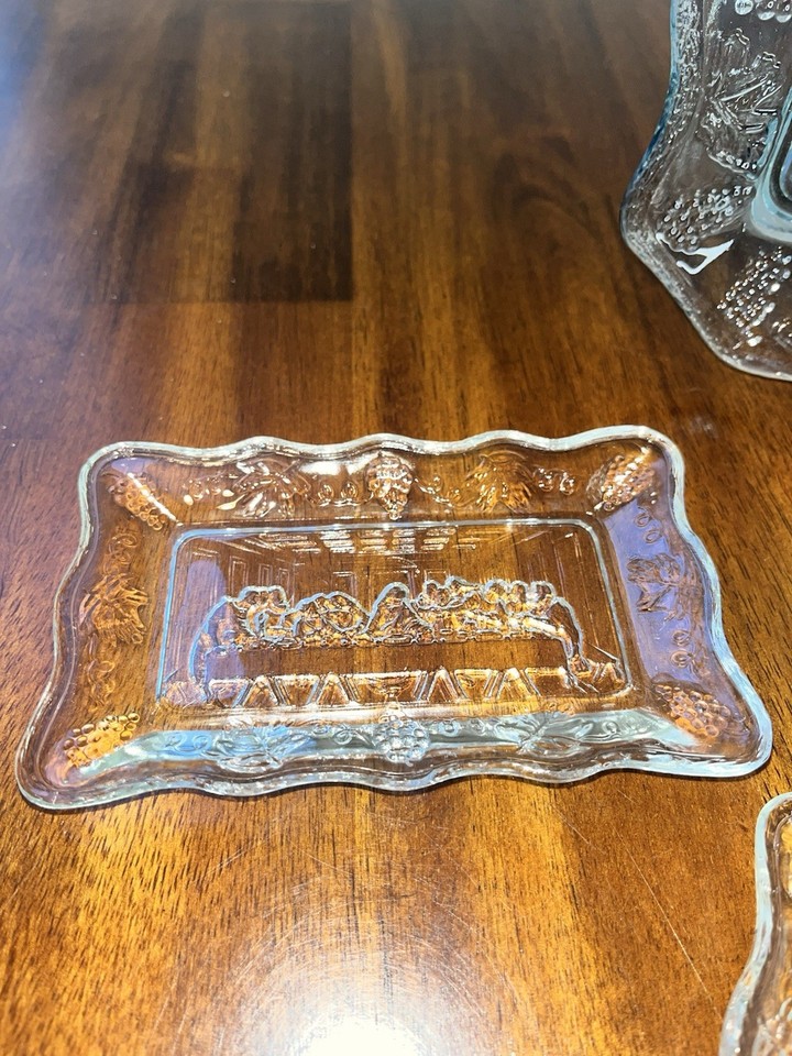 Vintage Tiara Last Supper glass plates Lrg Blue Dish 11”x7” 4 Sm Clear ...