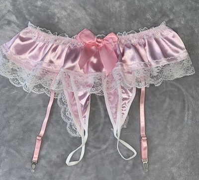 NEW Glossy Frilly Satin Panties Crotchless Bikini Panty garters XL 1X ...