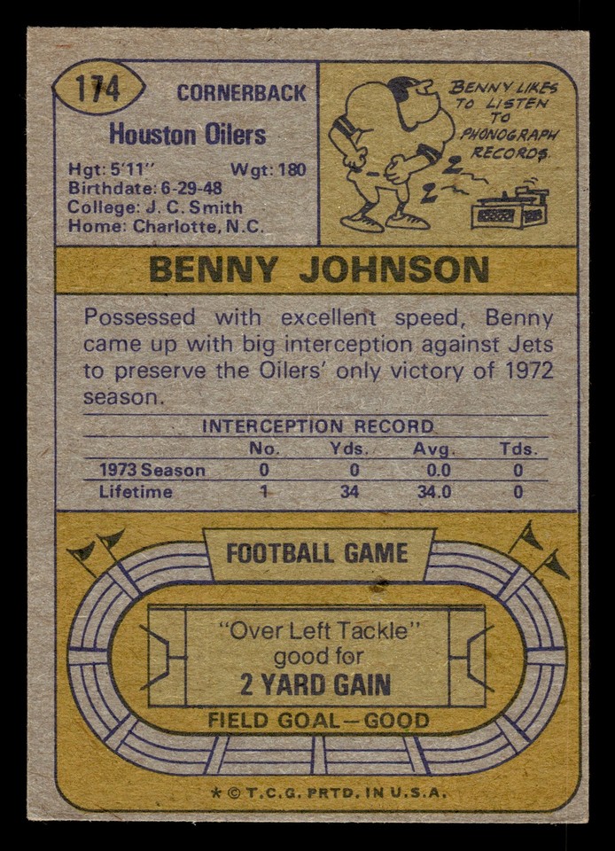1974 Topps FOOTBALL Benny Johnson #174 Houston Oilers ROOKIE HIGHER ...