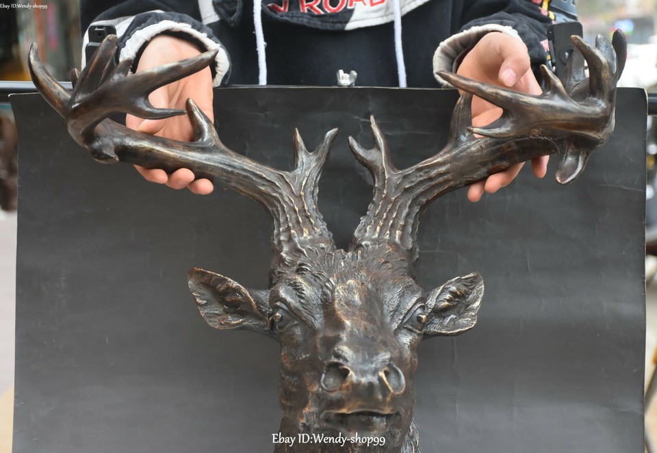 21" China Pure Bronze Cute Elk Deer Head Wapiti Moose Animal Half Bust ...