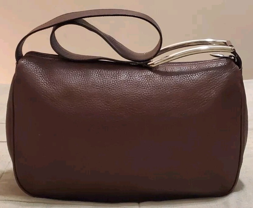 FURLA BROWN PEBBLED LEATHER SHOULDERBAG W/SIGNATURED SILVER STRAP ...