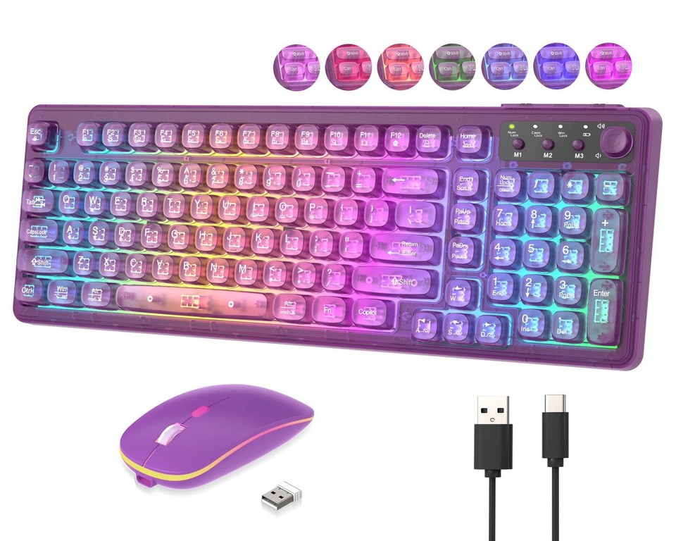 Purple Light Up Keyboard and Mouse Wireless,Cute 2.4Ghz Cordless ...