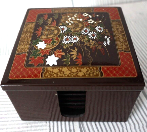 Vintage Otagiri Lacquer Floral 6 Coaster Set With Lidded Box Japanese ...