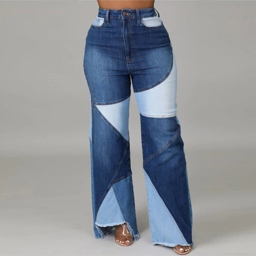 Womens plus size irregular Patchwork wide legs Denim blue Jeans With ...