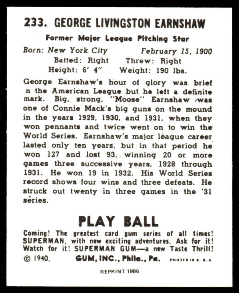 1986 Play Ball 1940 Reprint 233 George Earnshaw Philadelphia Athletics ...