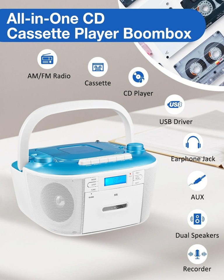 Gelielim Portable CD and Cassette Player Combo - Cassette Tape Player ...