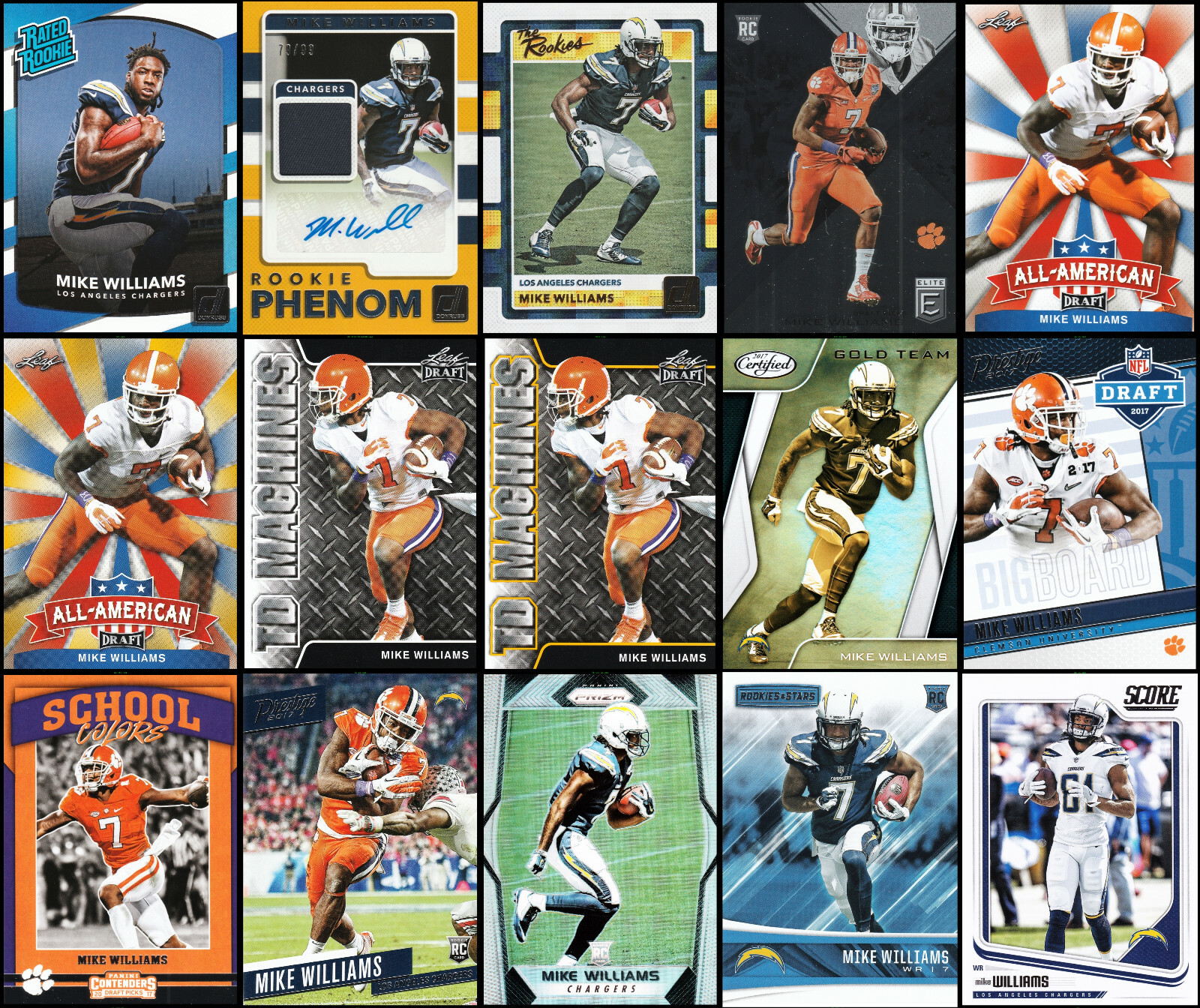 MIKE WILLIAMS Football Card Lot of 15 Including RC Los Angeles Chargers ...