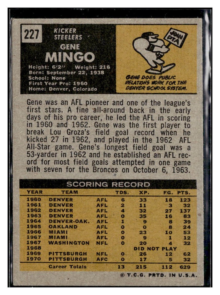 Gene Mingo 1971 Topps #227 Pittsburgh Steelers | eBay