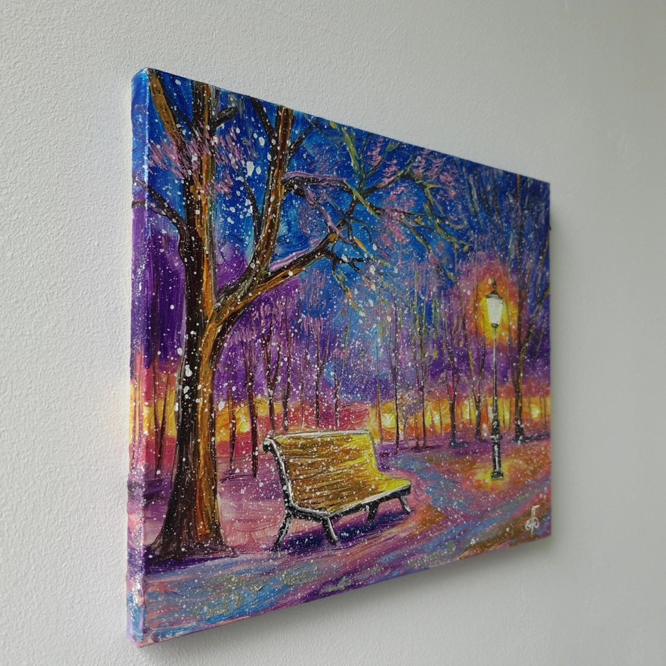 Original Oil Winter Park Painting Colorful Snow Scene Canvas Wall Art ...