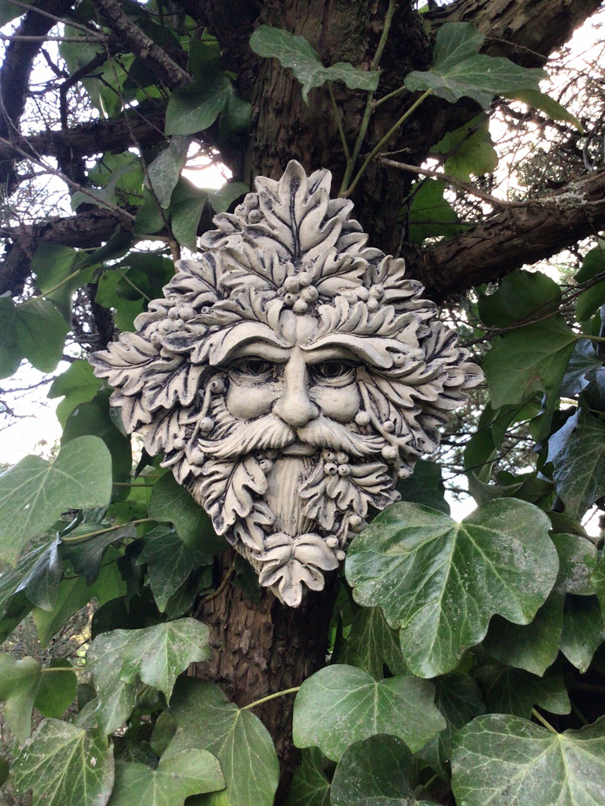 STONE GARDEN DIAMOND LEAF BERRY GREEN MAN LEAF FACE WALL PLAQUE PAGAN ...