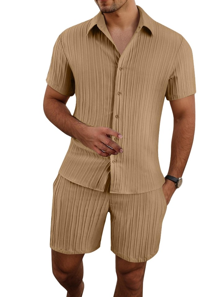 Mens Summer Beach Outfits 2 Piece Short Sleeve Shirts and Shorts ...