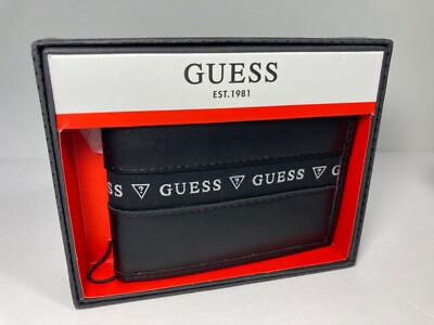 Mens GUESS LOGO STRIPE Black Bifold Wallet w/Flip Up Card Window NWT in ...
