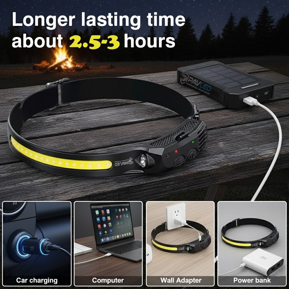 2 RECHARGEABLE 230° COB LED Head Torch/Headlamp with Sensor for Running ...