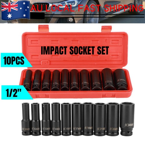 10Pc 1/2" inch 0-24mm Heavy Duty Deep Impact Socket Tool Set Garage Set ...