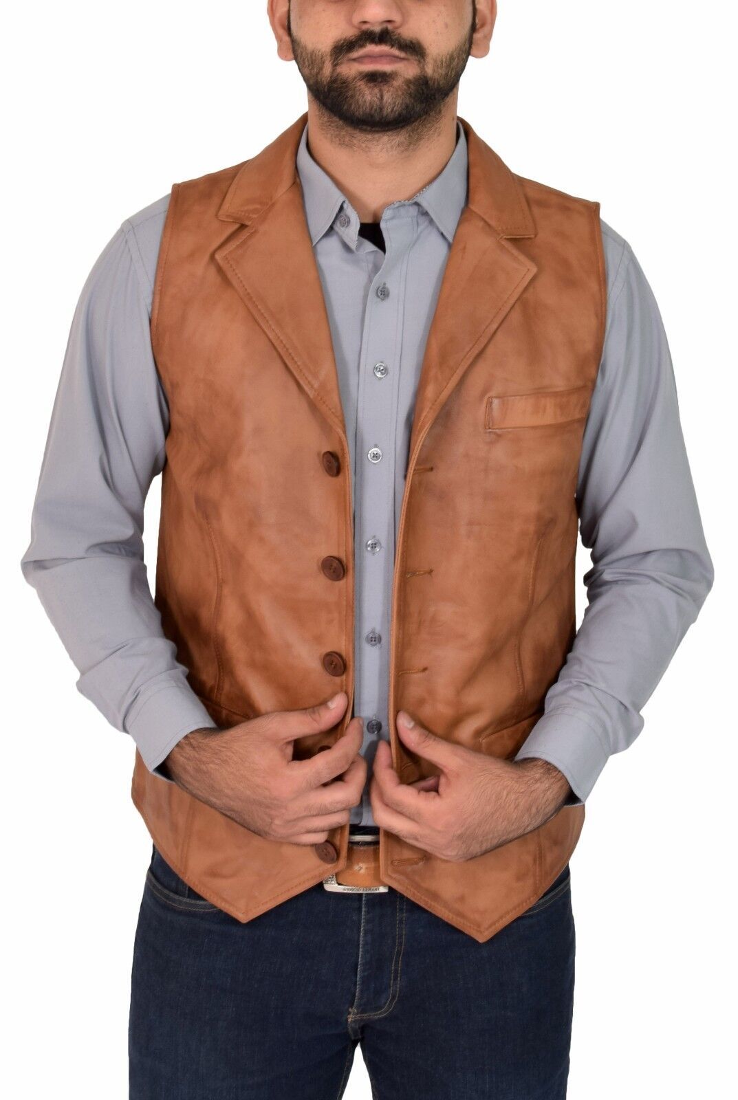 New Men's Genuine Tan Leather Waistcoat Revere Collar Gilet Classic ...
