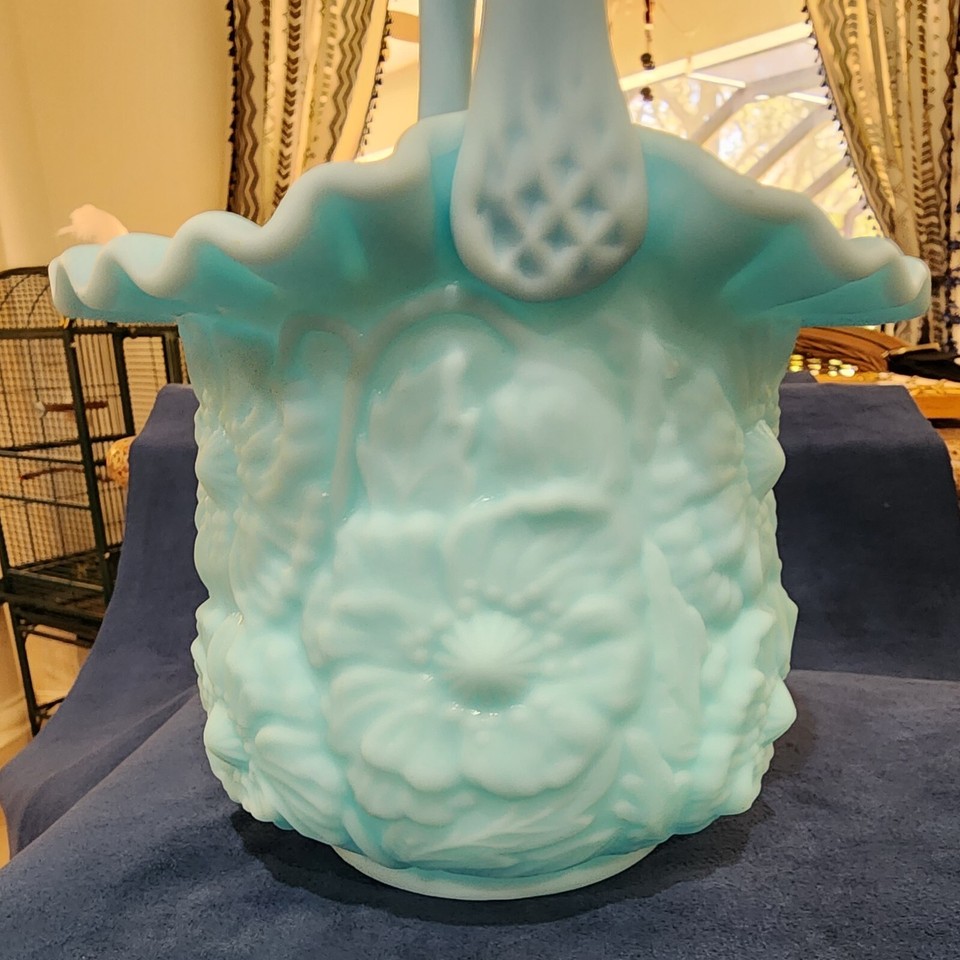 Fenton Satin BLUE Custard Glass Poppy Handled Basket VINTAGE | eBay