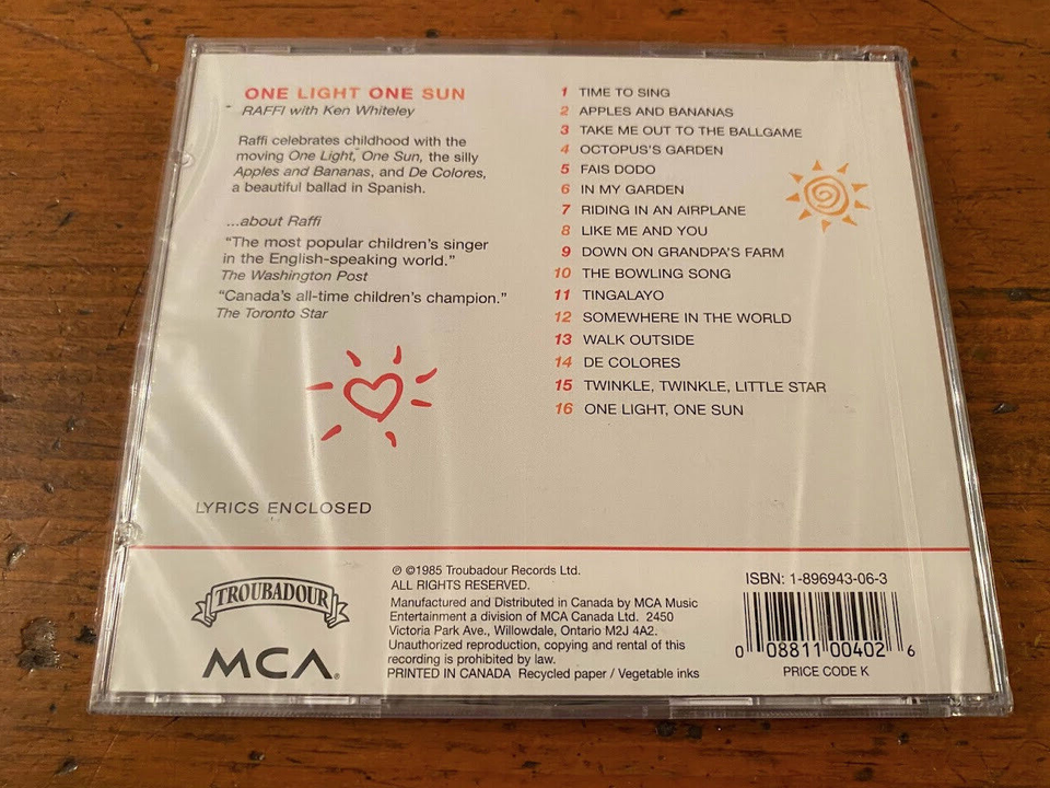 sealed/new RAFFI One Light One Sun CD (1985) Baby Beluga Apples and ...