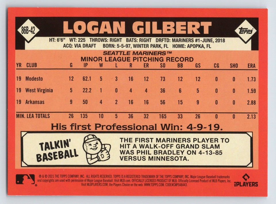 2021 Topps Update #86B-42 Logan Gilbert 1986 Topps Baseball 35th ...