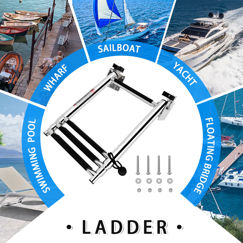 Boat Ladder 4-Step Telescoping Stainless Steel Transom Ladder Self-Lock ...
