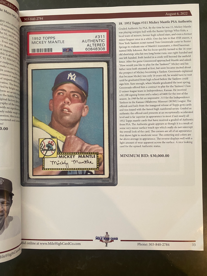 Mile High Card Company Auction Catalog August 2022 Ted Williams Mickey ...