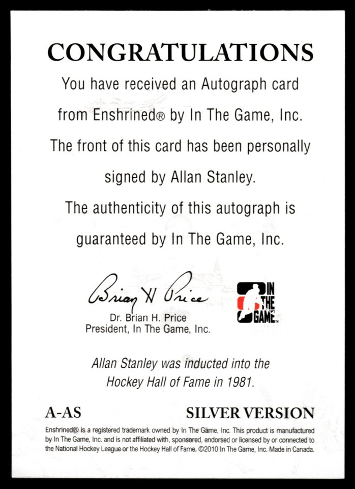 2010-11 ITG Enshrined Autographs Silver Allan Stanley #A-AS /49 - HOF ...